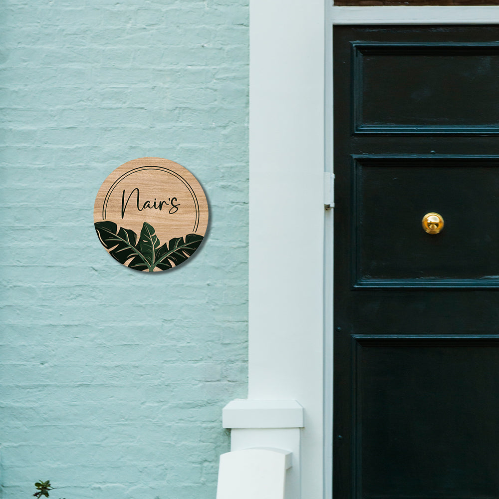 Minimal Wooden Name Plate With Leaf Pattern | Personalized Round Desig ...